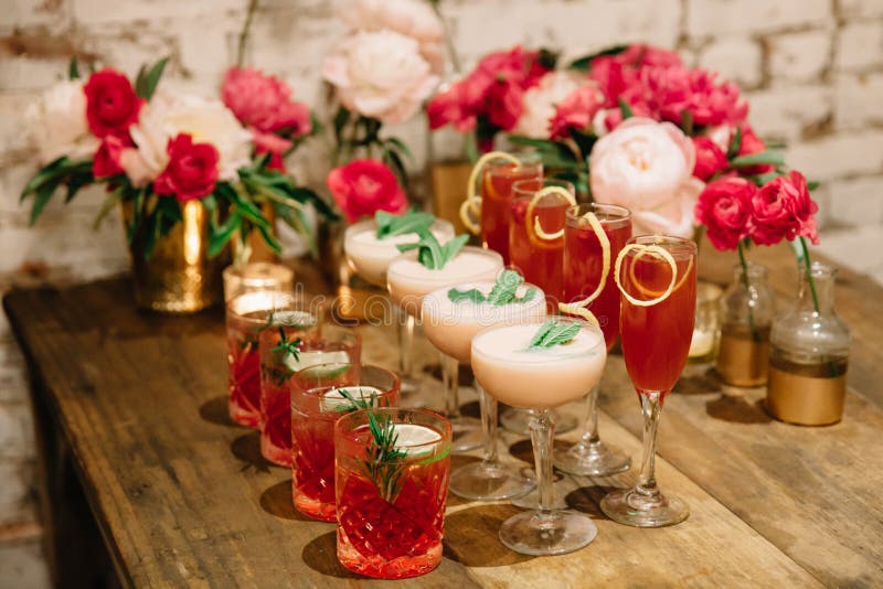 An Array of Pink-colored Alcoholic Drinks Ready To Be Served Stock ...