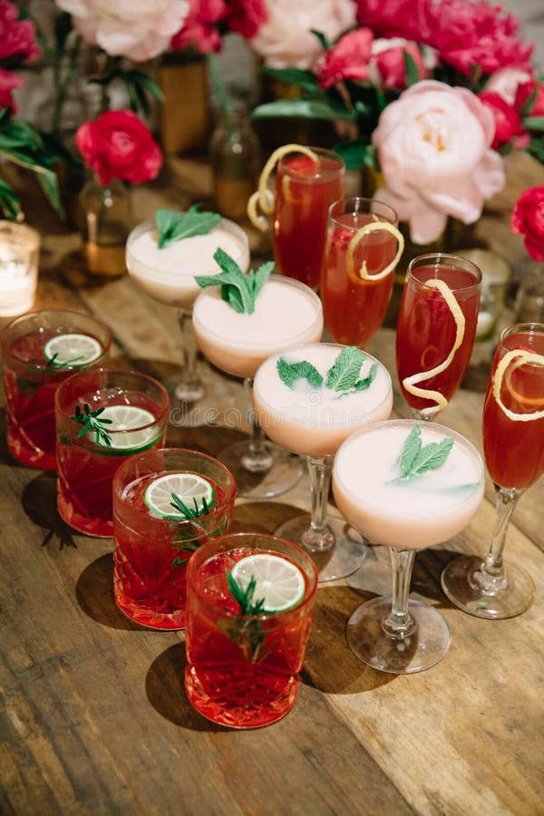 An Array of Pink-colored Alcoholic Drinks Ready To Be Served Stock ...
