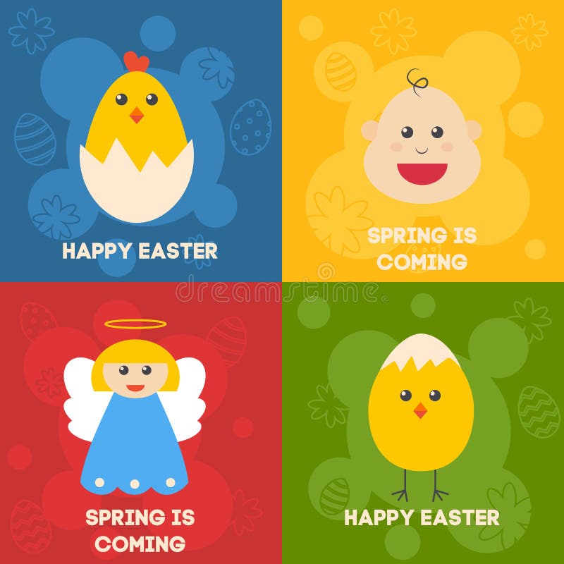 Celebration Easter Icons. Flat Styled Objects Set. Rabbit, Birds, Eggs ...