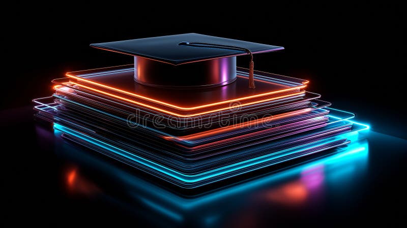 Celebration of Education with Graduation Cap on Glowing Neon Stack in ...
