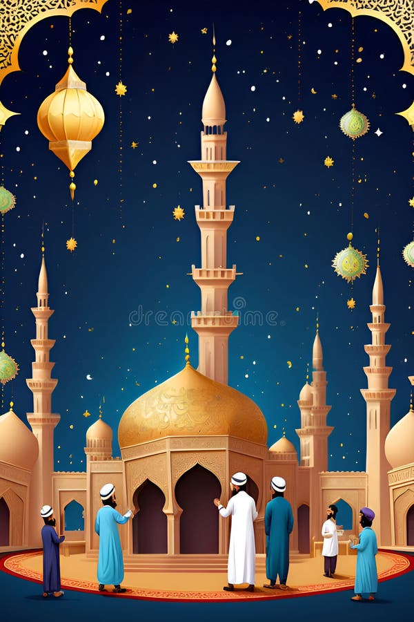 The Celebration of Eid Azha with Great Mosque, Stars, Cartoon Style ...