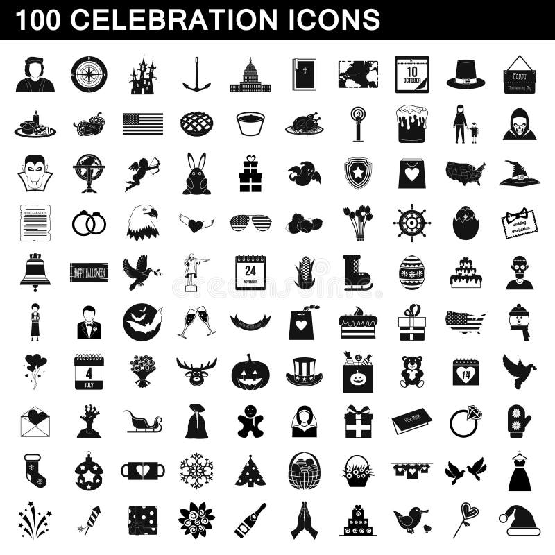 100 Celebration Icons Set, Simple Style Stock Vector - Illustration of ...