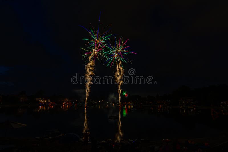 Celebration of Independence Day - Fireworks Over the Lake Stock Image ...