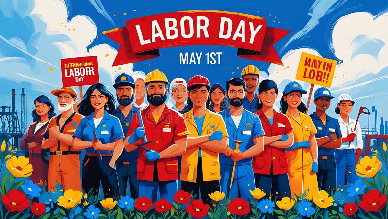 A Diverse Group of Workers Celebrating Labor Day with Flowers and ...
