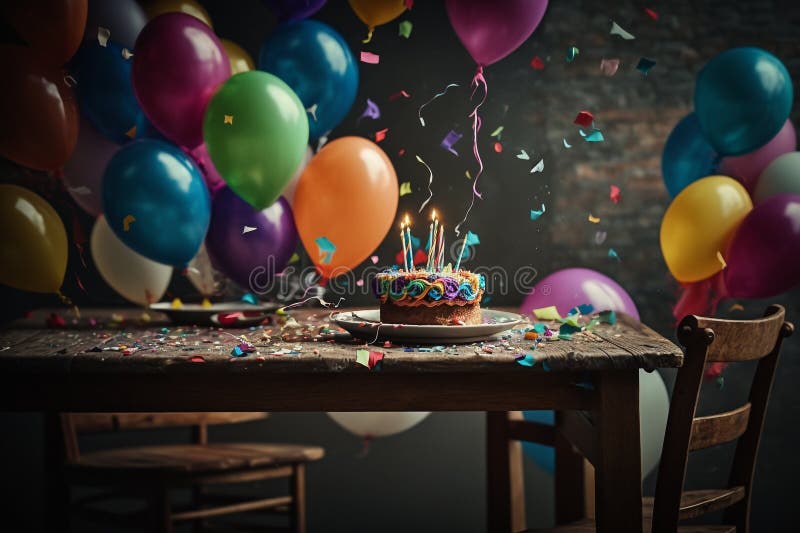 Celebration Party Birthday Cake With Colorful Balloons Generative Ai