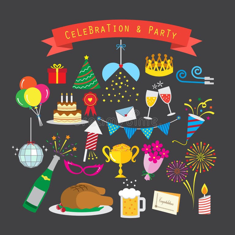 Celebration and Party Icon Set Stock Vector - Illustration of gold ...