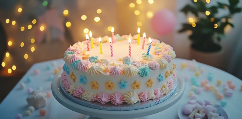 A Celebration-ready Cake Featuring Pastel Layers, Festive Lights, and ...