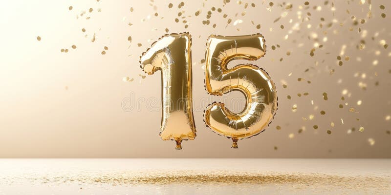 Celebration with Reflective Golden 15 Balloon on Light Background for ...