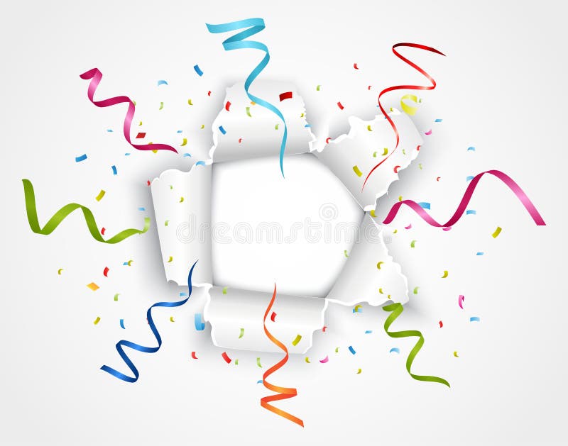 Celebration in Ripped Paper with Ribbon and Confetti Stock Vector ...