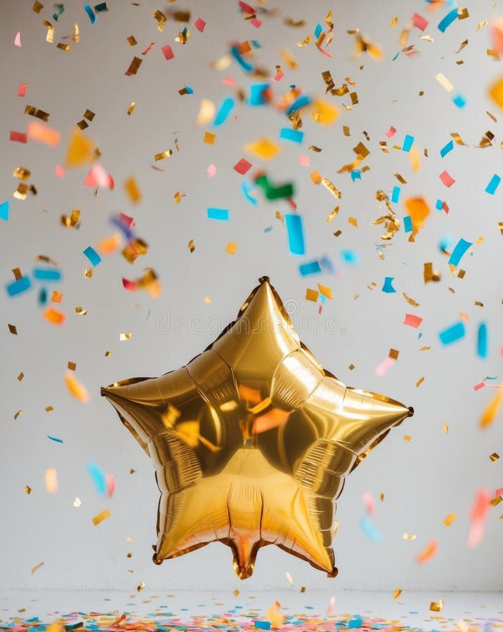 Celebration Scene with Golden Star Balloon and Confetti Stock Image ...