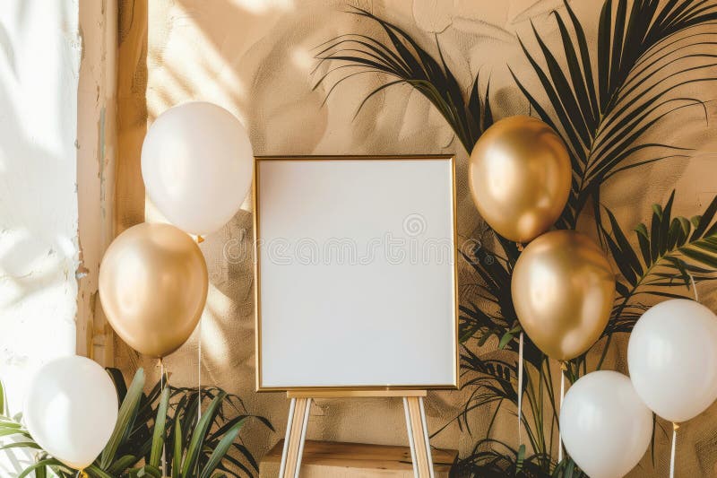 Celebration Setup Featuring a Blank Frame Surrounded by Gold and White ...