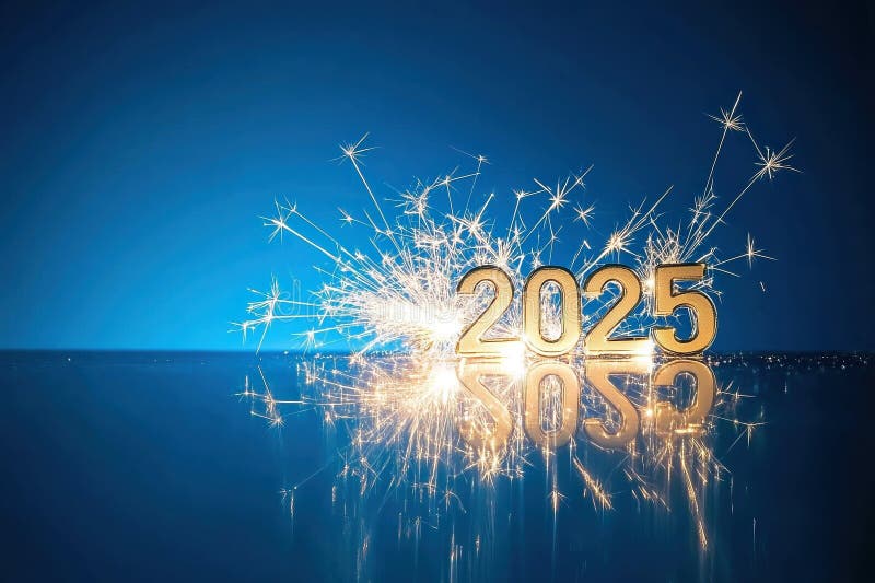 2025 Celebration Sparkling Fireworks Reflection Blue Background Stock ...