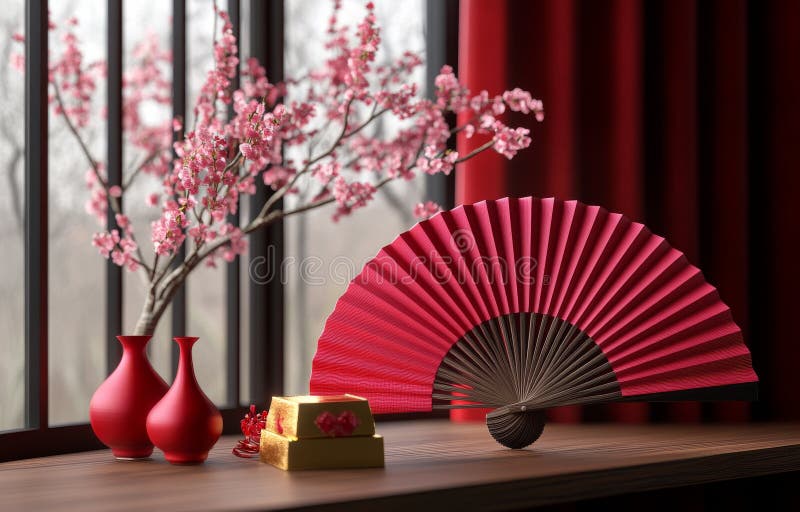 The Celebration of Spring with Red Fans and Cherry Blossom Decor Stock ...