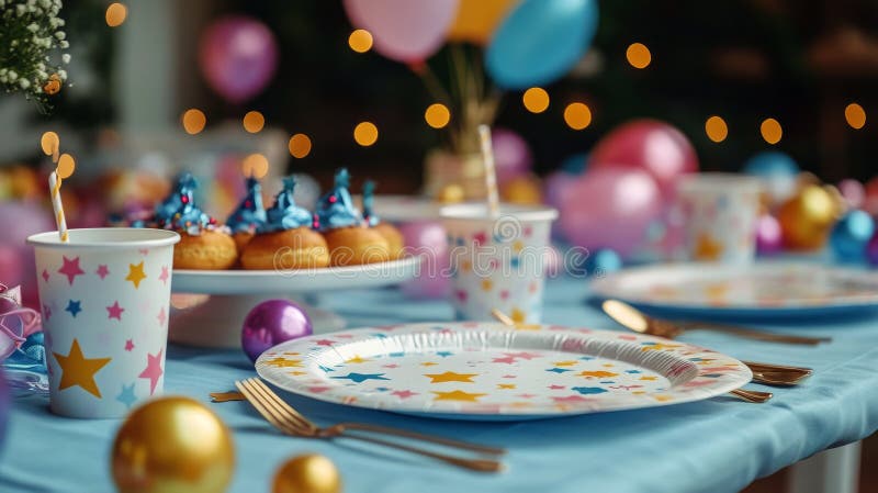 Celebration Table Setting with Cake, Party Cups, and Decorative Plates ...