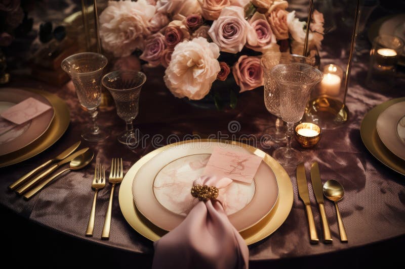 Celebration Table Setting in Gold Color with Floral Arrangement ...
