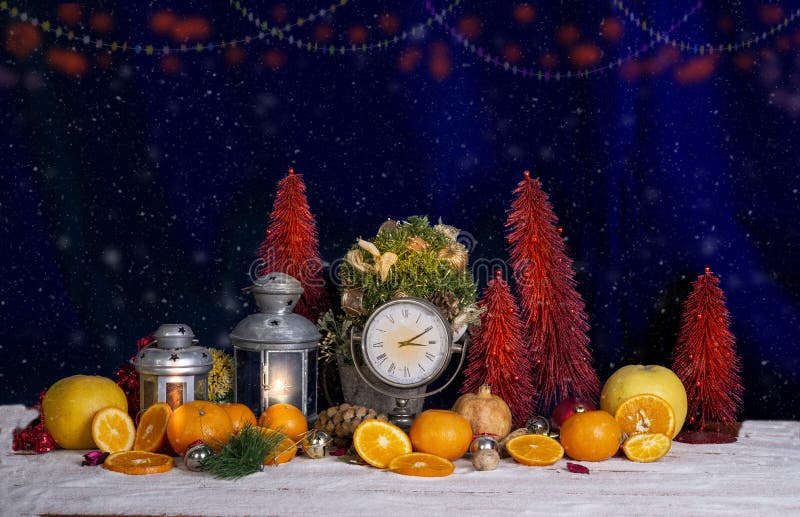 Celebration Theme with Christmas Tree and Near Year Time Clock Stock ...