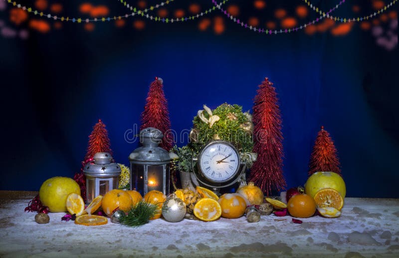 Celebration Theme with Christmas Tree and Near Year Time Clock Stock ...
