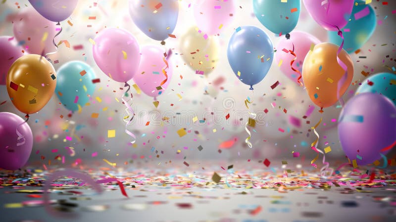Celebration Time with Colorful Balloons and Floating Confetti Stock ...
