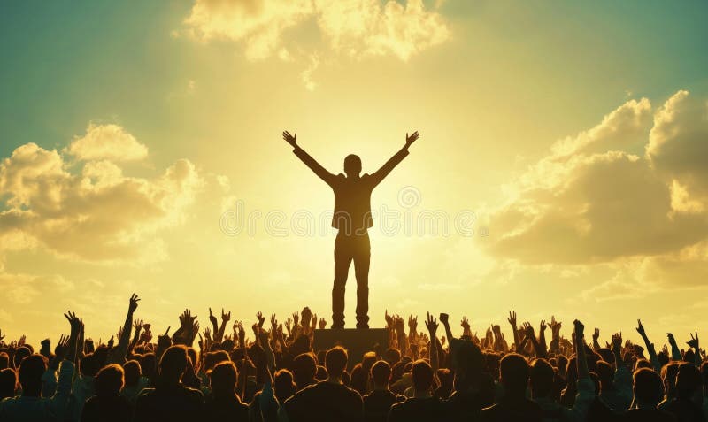 Celebration of Triumph and Unity with Silhouetted Crowd and Leader ...