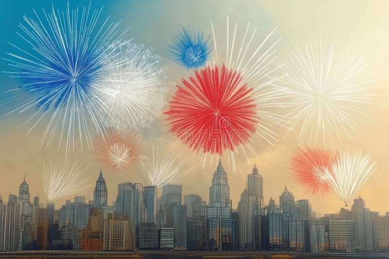 Celebratory Fireworks Over Cityscape at Dusk for Festive Design Stock ...