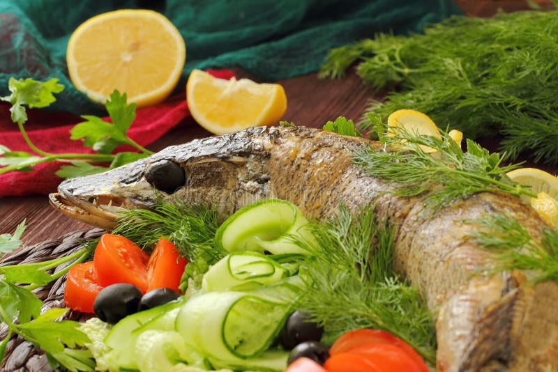 Celebratory Food. Stuffed Pike on Served Table Stock Photo - Image of ...