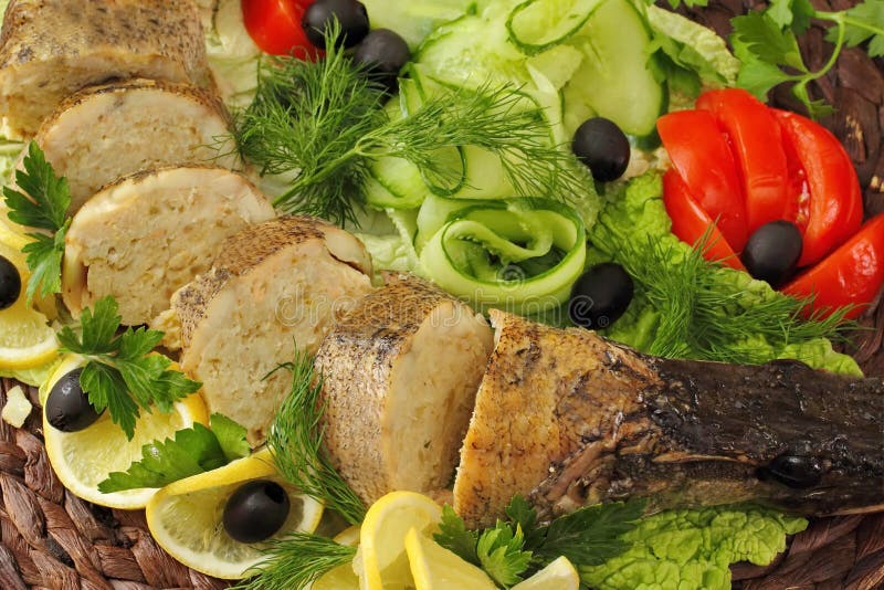 Celebratory Food. Stuffed Pike On Served Table Stock Photo - Image of ...