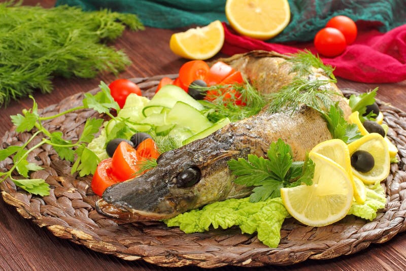 Celebratory Food. Stuffed Pike on Served Table Stock Photo - Image of ...