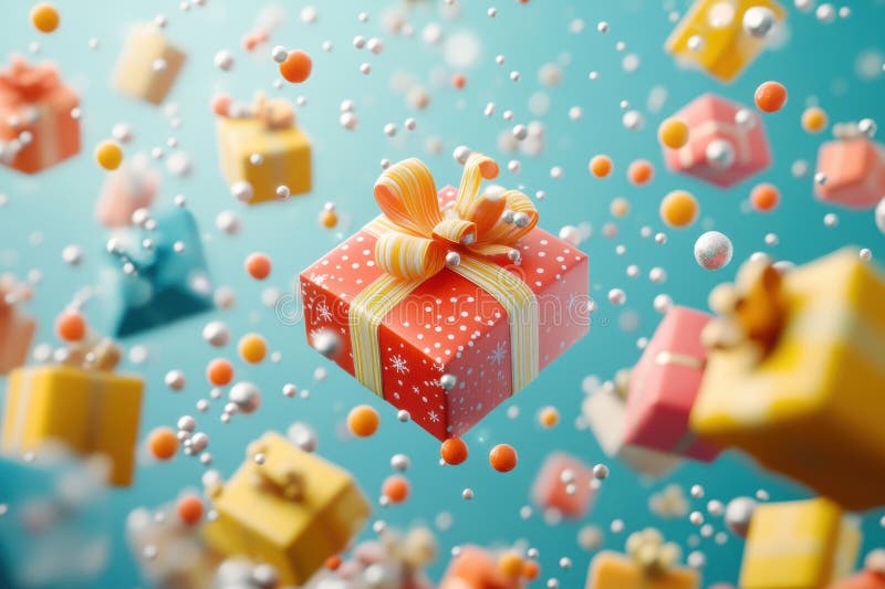 Celebratory Gift Display, Colorful Gift Boxes Float in a Whimsical ...