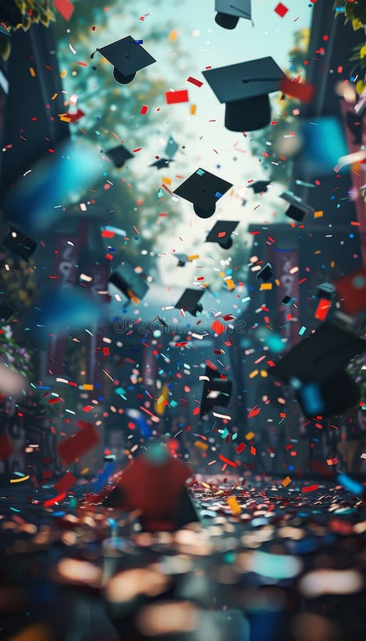 Celebratory Graduation Ceremony with Flying Confetti and Caps in a ...