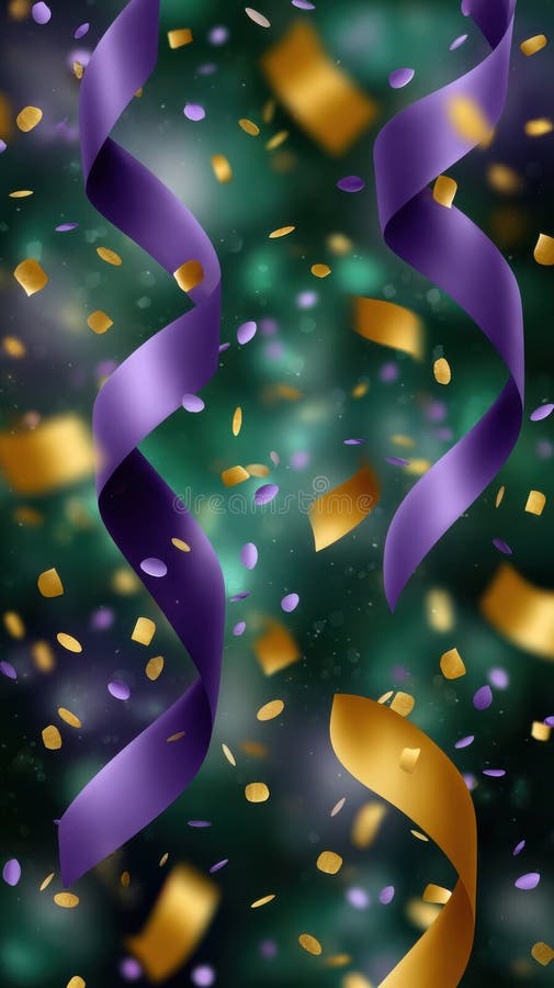 Celebratory Ribbons and Confetti Falling on Festive Green Background Stock Photo - Image of ...