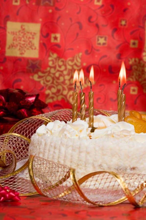 Celebratory Table (cake and Candles, Two Glasses with Champagne, Gift ...