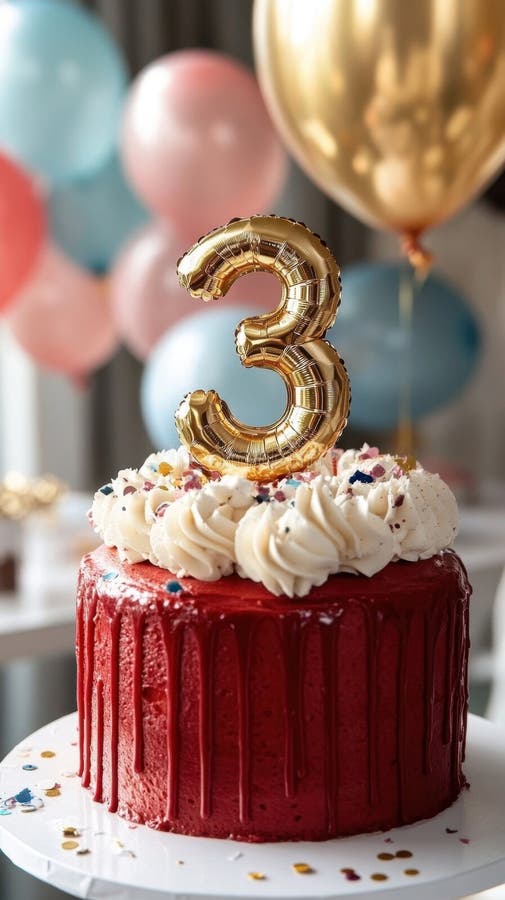 Celebratory Third Birthday Cake with Balloons and Red Icing Stock ...