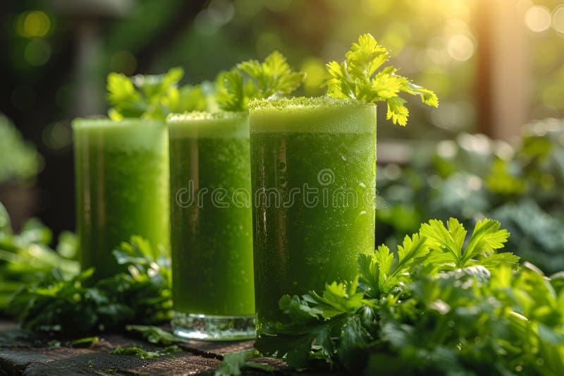 Celery Green Juice , Rustic Style, Green Vegetable Drink on the Table ...