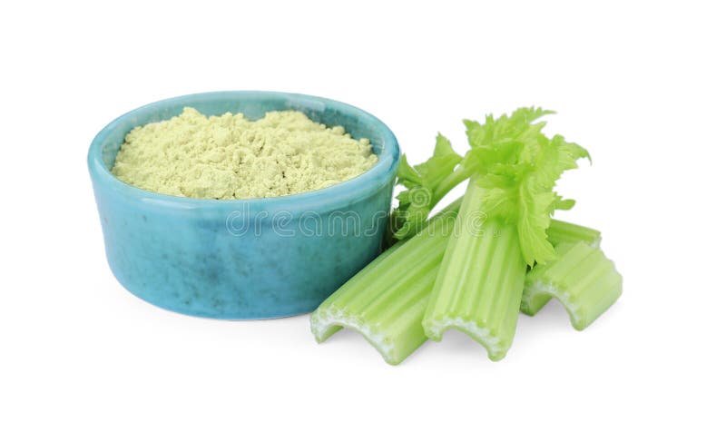 Celery Powder and Fresh Cut Stalks Isolated on White Stock Image ...