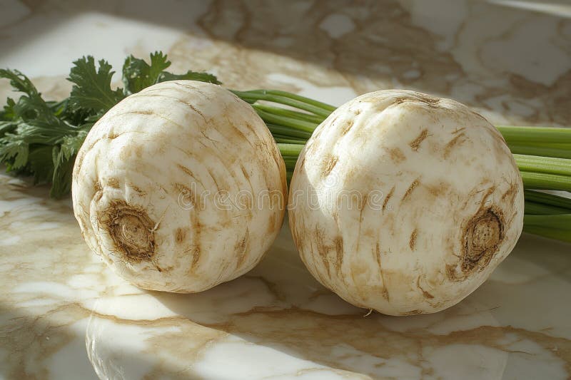 Celery Root with Rough Skin and Rootlets Displayed on a Marble Counter ...