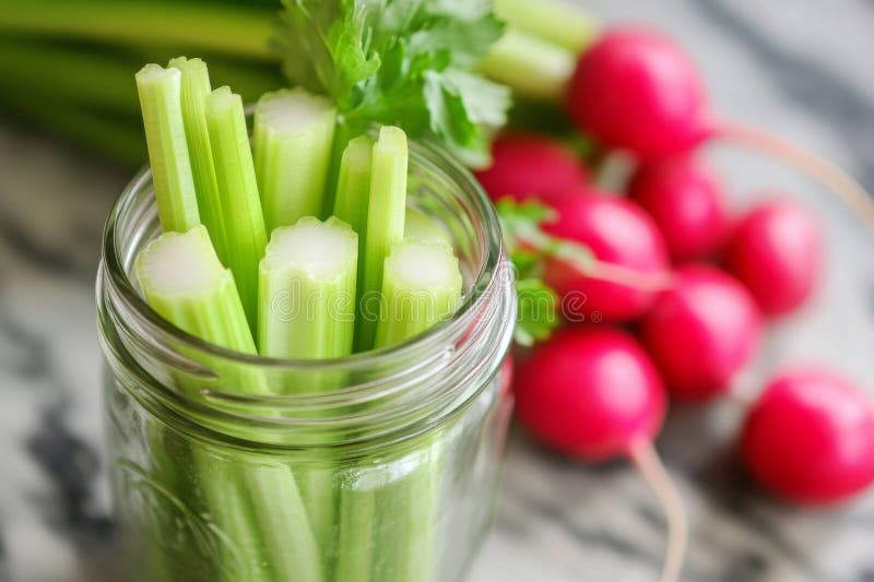 Celery Sticks in a Glass Jar with Radishes in the Background Stock ...