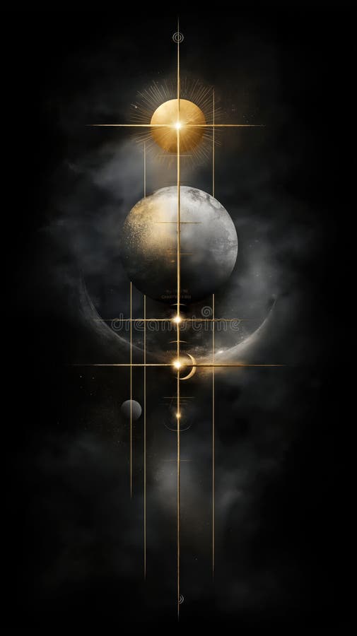 Celestial Alignment Art with Golden Geometric Elements and Enigmatic ...