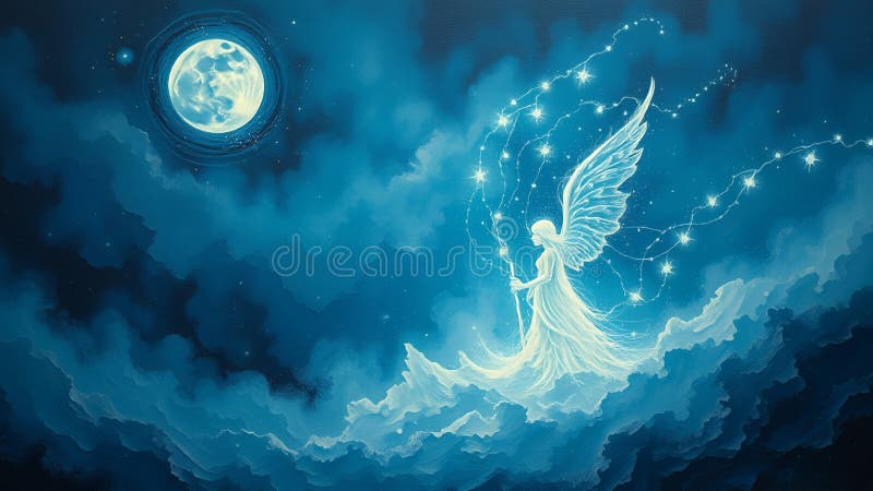 Celestial Angel on a Cloud Under the Bright Full Moon at Night Stock ...