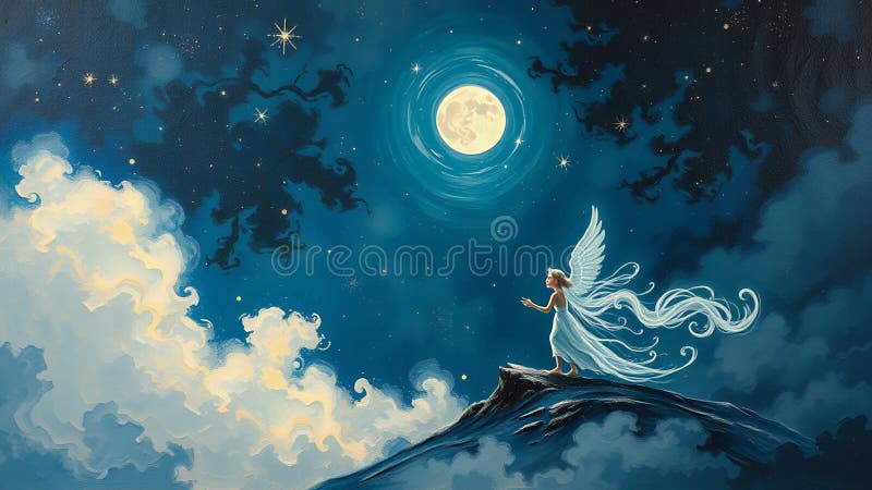 Celestial Angel on a Cloud Under the Bright Full Moon at Night Stock ...