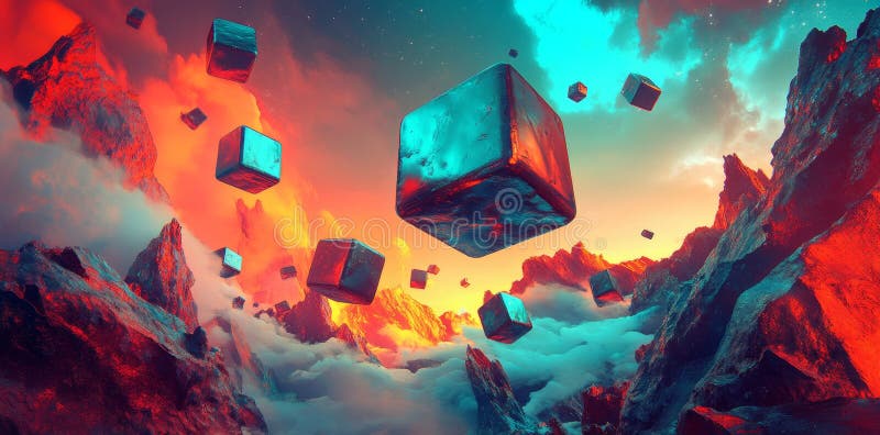 A Celestial Array of Metallic Cubes Drifting in the Sky, Capturing the ...