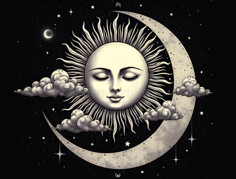 Celestial Artwork Featuring Sun and Moon with Clouds in a Starry Night ...
