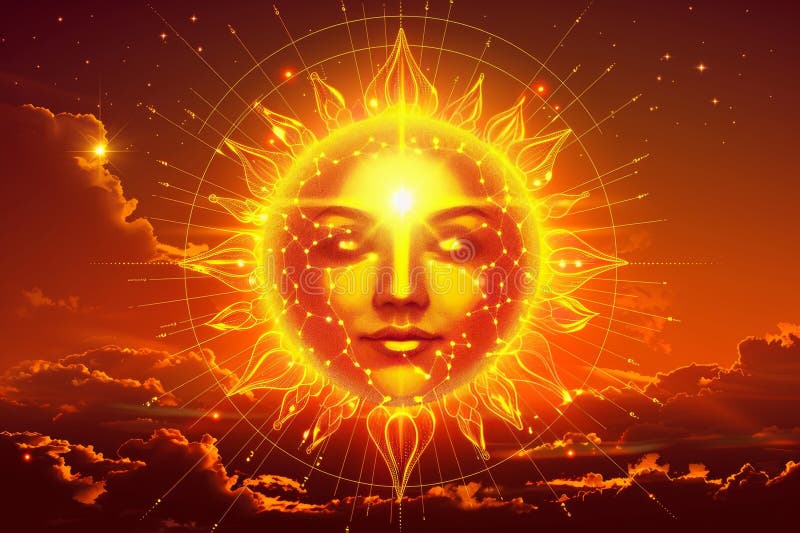 Celestial Astrological Banner with Sun Face, Solar Eclipse, and Zodiac ...