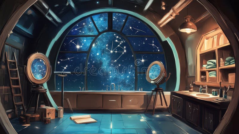 Celestial Bathroom Featuring Starry Night Window View Stock Photo ...