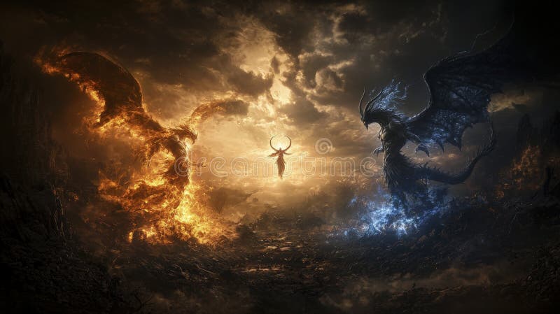 Celestial Battle between Light and Dark Forces Epic Fantasy Realm ...