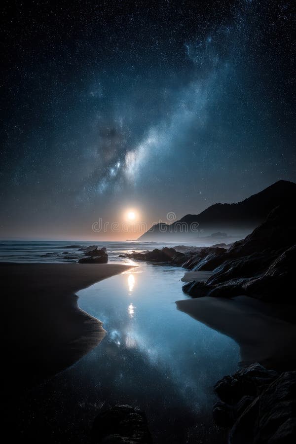 Celestial Beach Sunset: a Night Sky Reflection on the Shore Stock Illustration - Illustration of ...