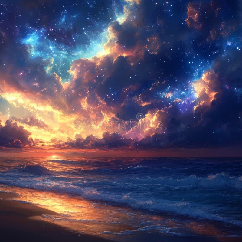 Celestial Beach Sunset Vibrant, Galactic Cloudscape Above Ocean Waves ...
