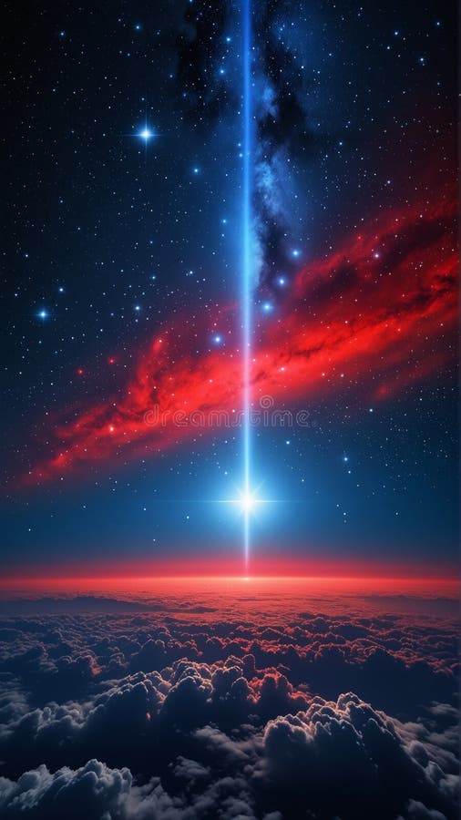 Celestial Beam Illuminating Starry Sky with Vibrant Red Nebula and Blue ...