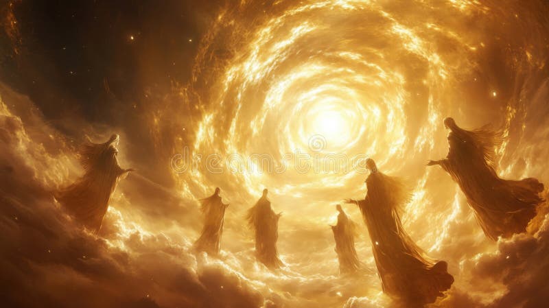Celestial Beings in Golden Vortex, Ethereal Figures Surrounded by ...