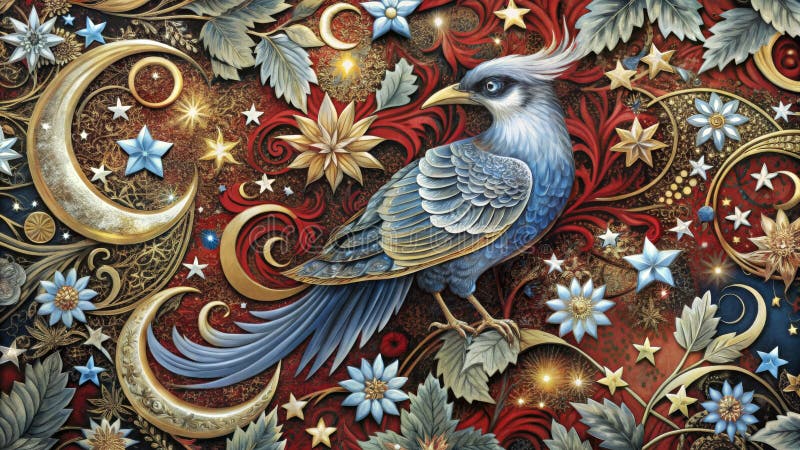 Celestial Bird Bas-Relief, Gold Moons, Stars, Flowers Stock ...