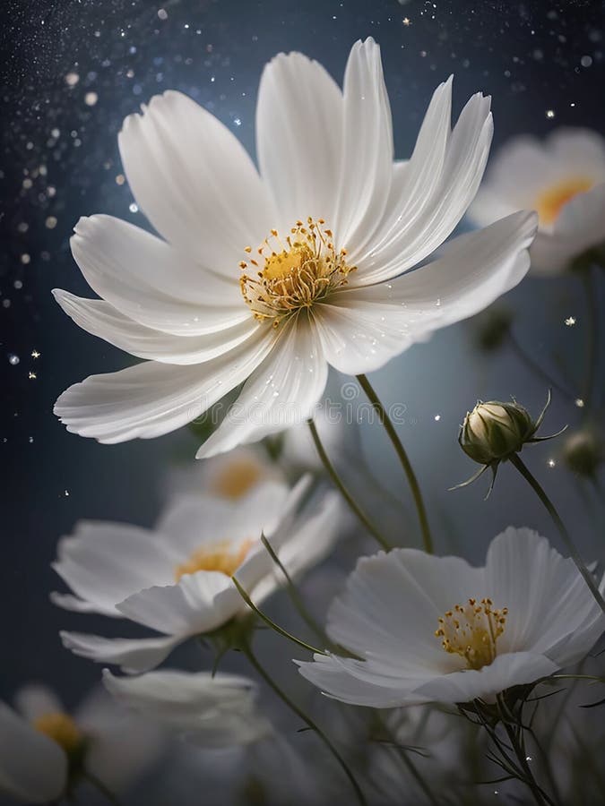 A Celestial Bloom, the White Cosmos Shimmers with Silver and Gold ...